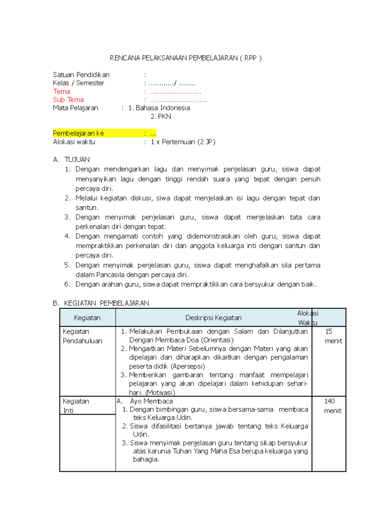 RPP Pembelajaran Terpadu: Kelas Bahasa Indonesia & PKN - Studocu