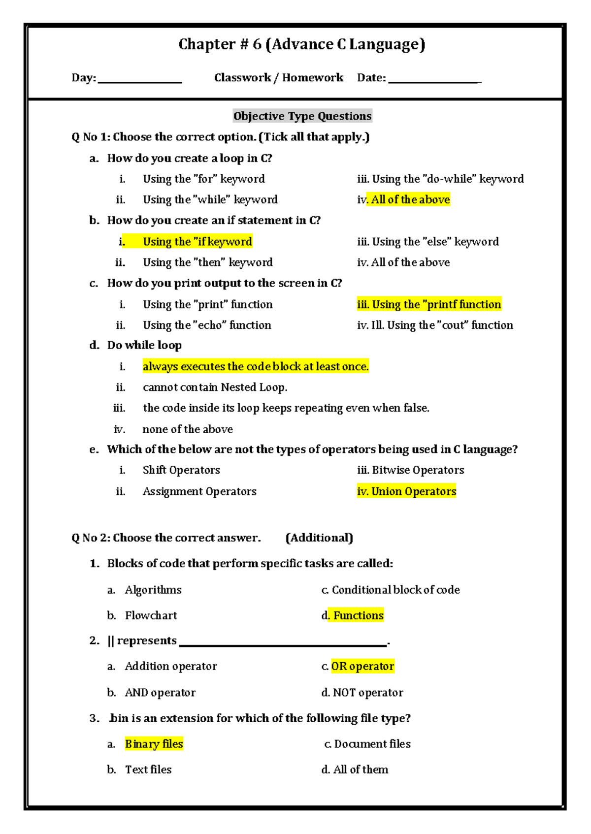 2-Chapter 6 Advanced C Language Classwork & Homework Guide - Studocu