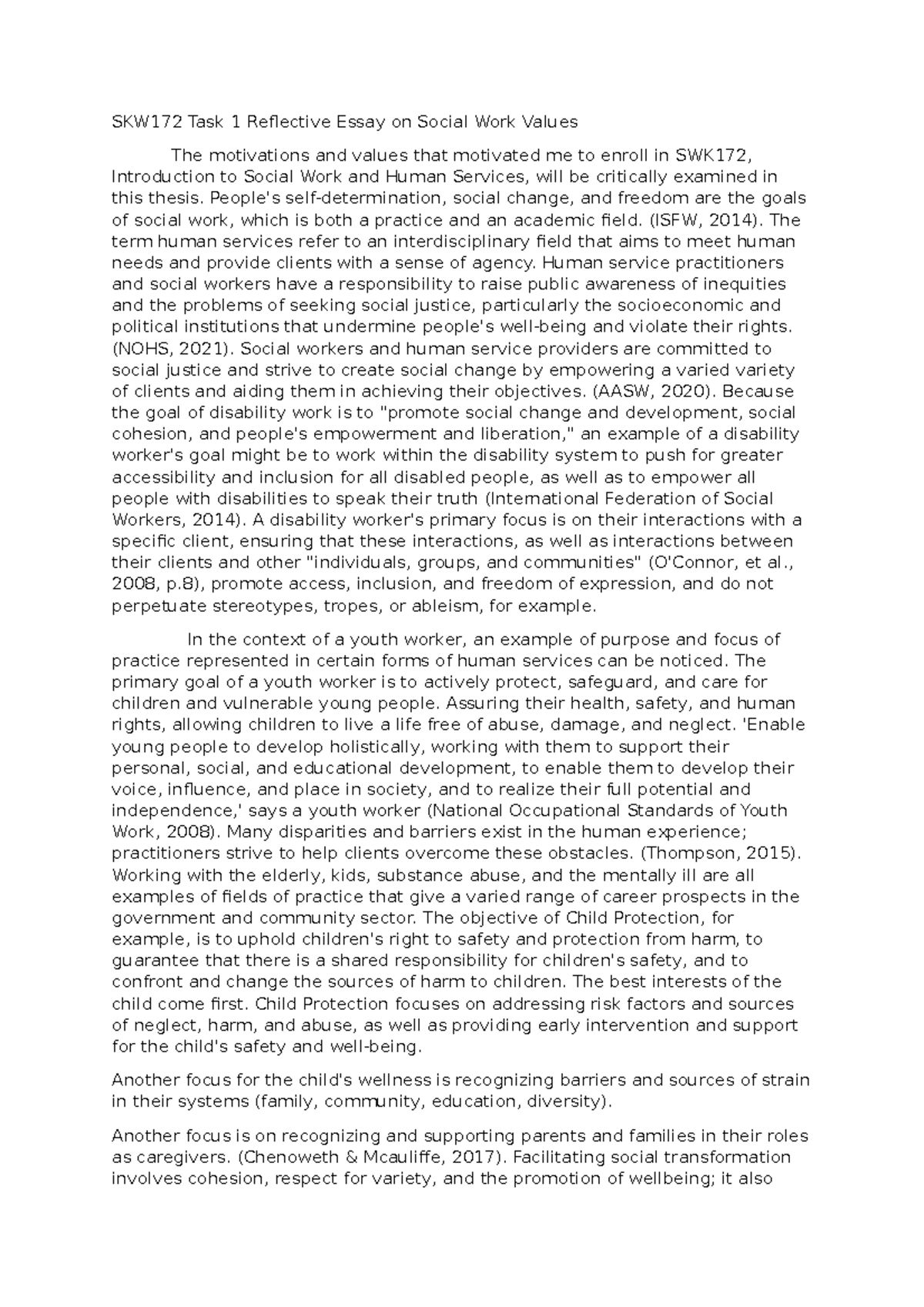 SWK172 Reflective Essay on Social Work Values and Motivations - Studocu