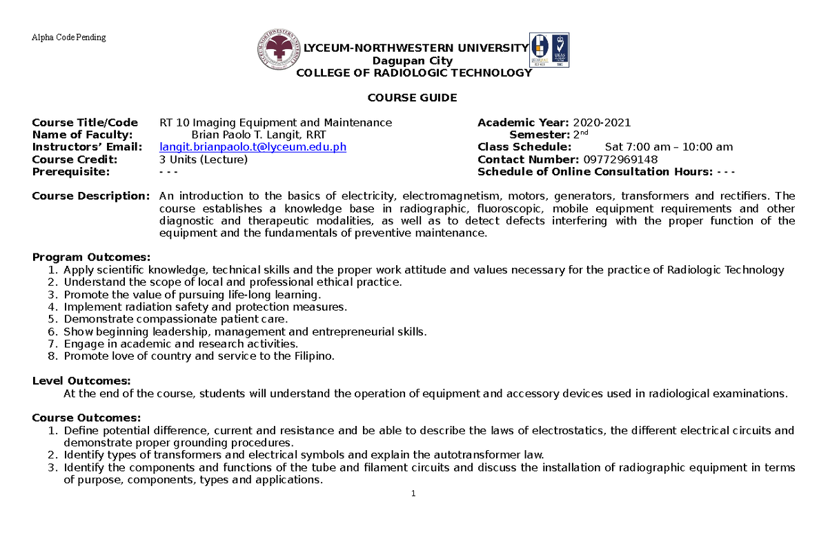 RT 10 Course Guide: Imaging Equipment & Maintenance Overview - Studocu