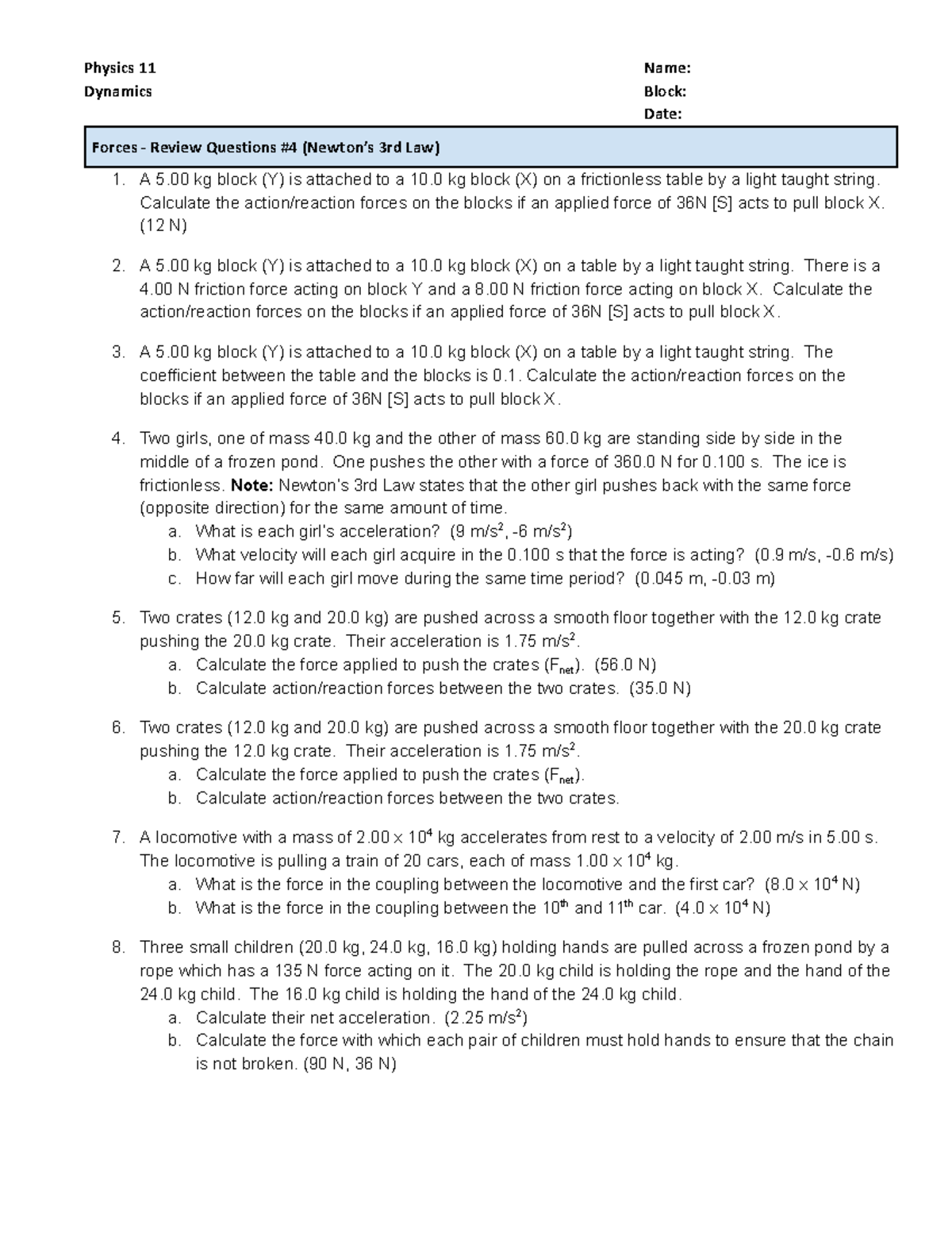 Forces Review #4 (Physics) - Newton's 3rd Law Questions & Calculations ...