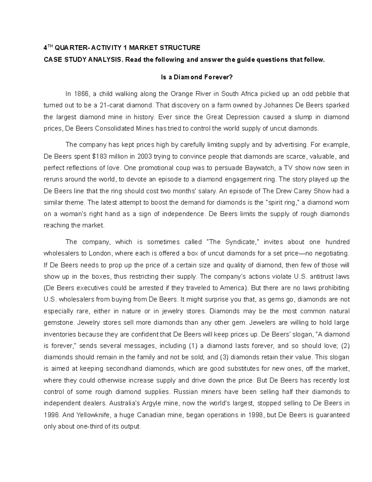 ECON Activity 1- Market Structure - 4 TH QUARTER- ACTIVITY 1 MARKET ...