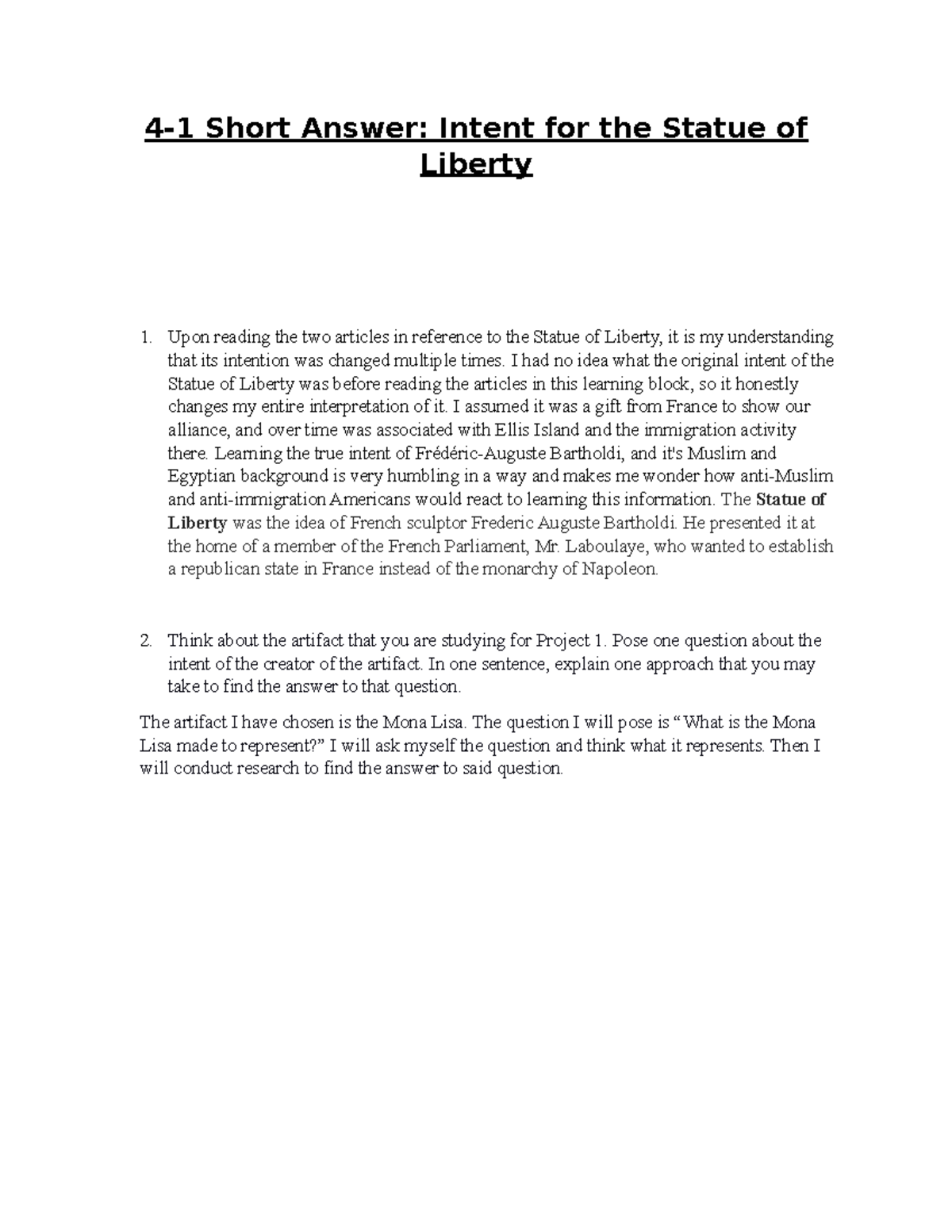4-1 Short Answer - hum 100 - 4-1 Short Answer: Intent for the Statue of ...