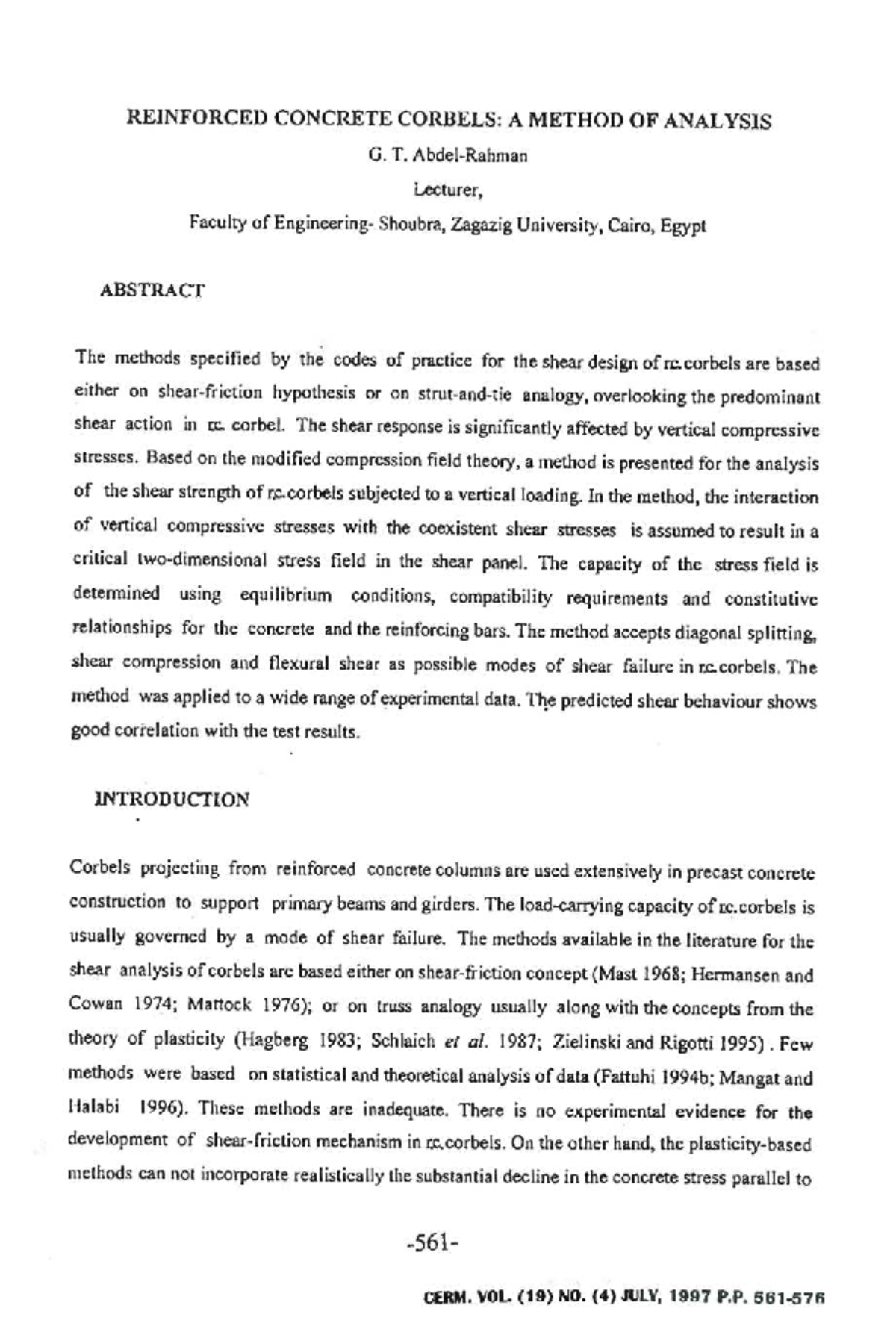 Reinforced Concrete Corbels: A Shear Analysis Method (CERM 19/4) - Studocu