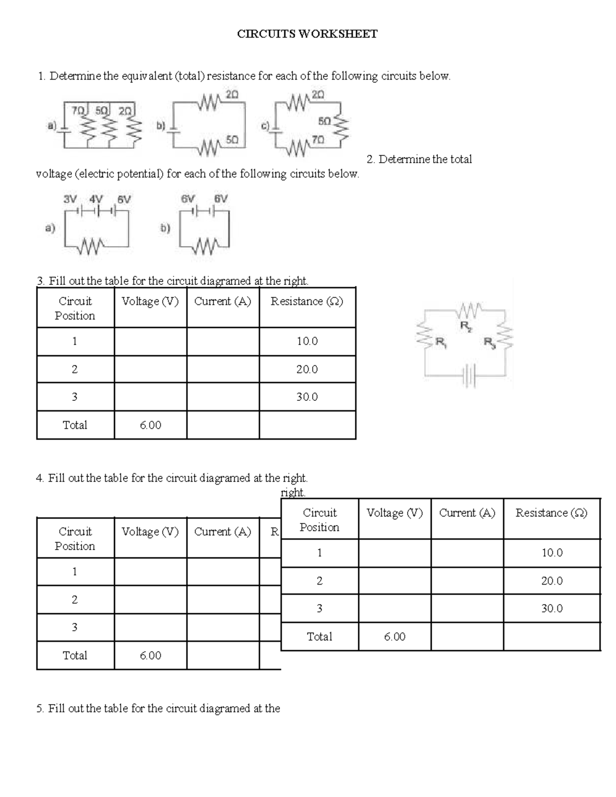 CIRCUITS WORKSHEET 1: Total Resistance & Voltage Calculations - Studocu