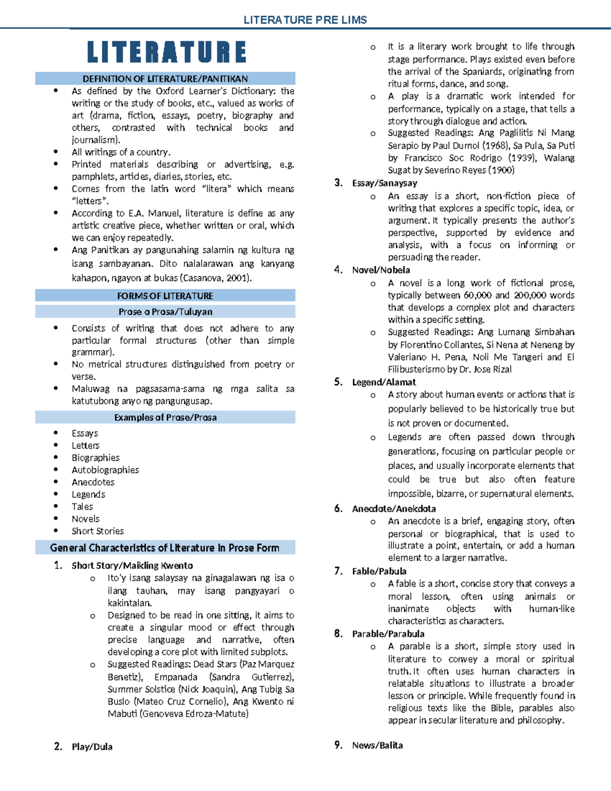 LIT 101: Literature Prelims Study Guide - Studocu
