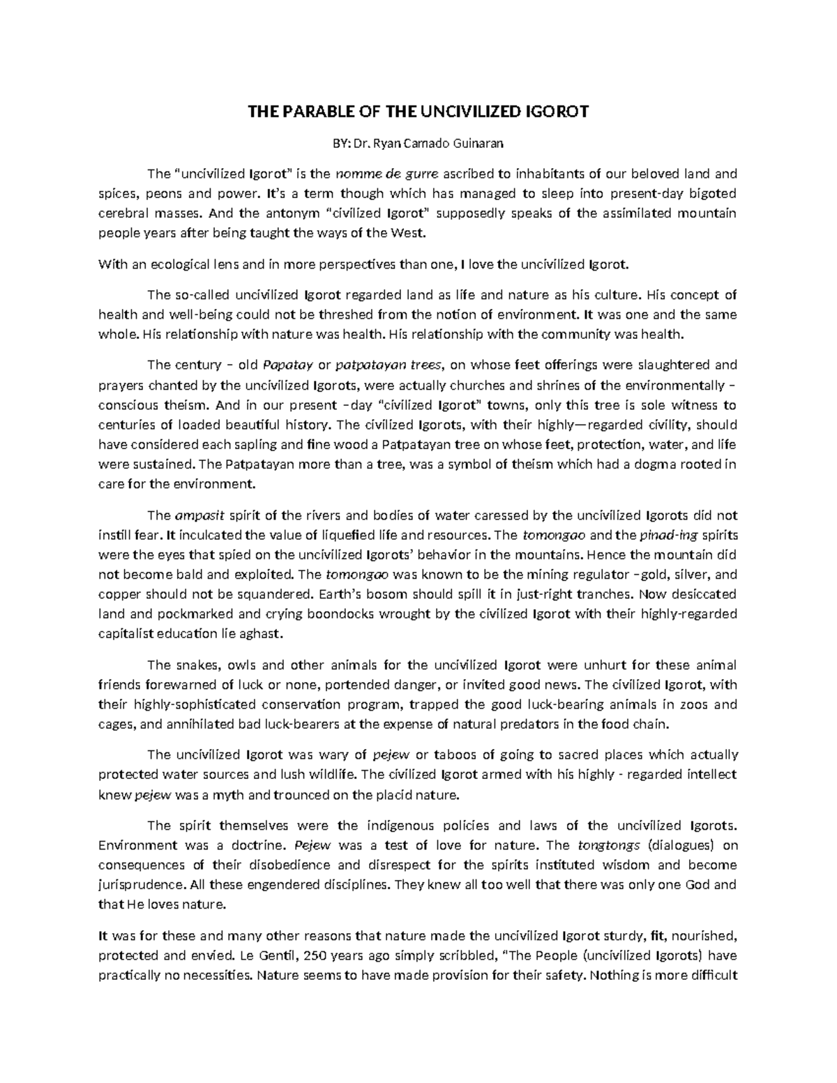 The Uncivilized Igorot: A Cultural and Ecological Reflection - Studocu