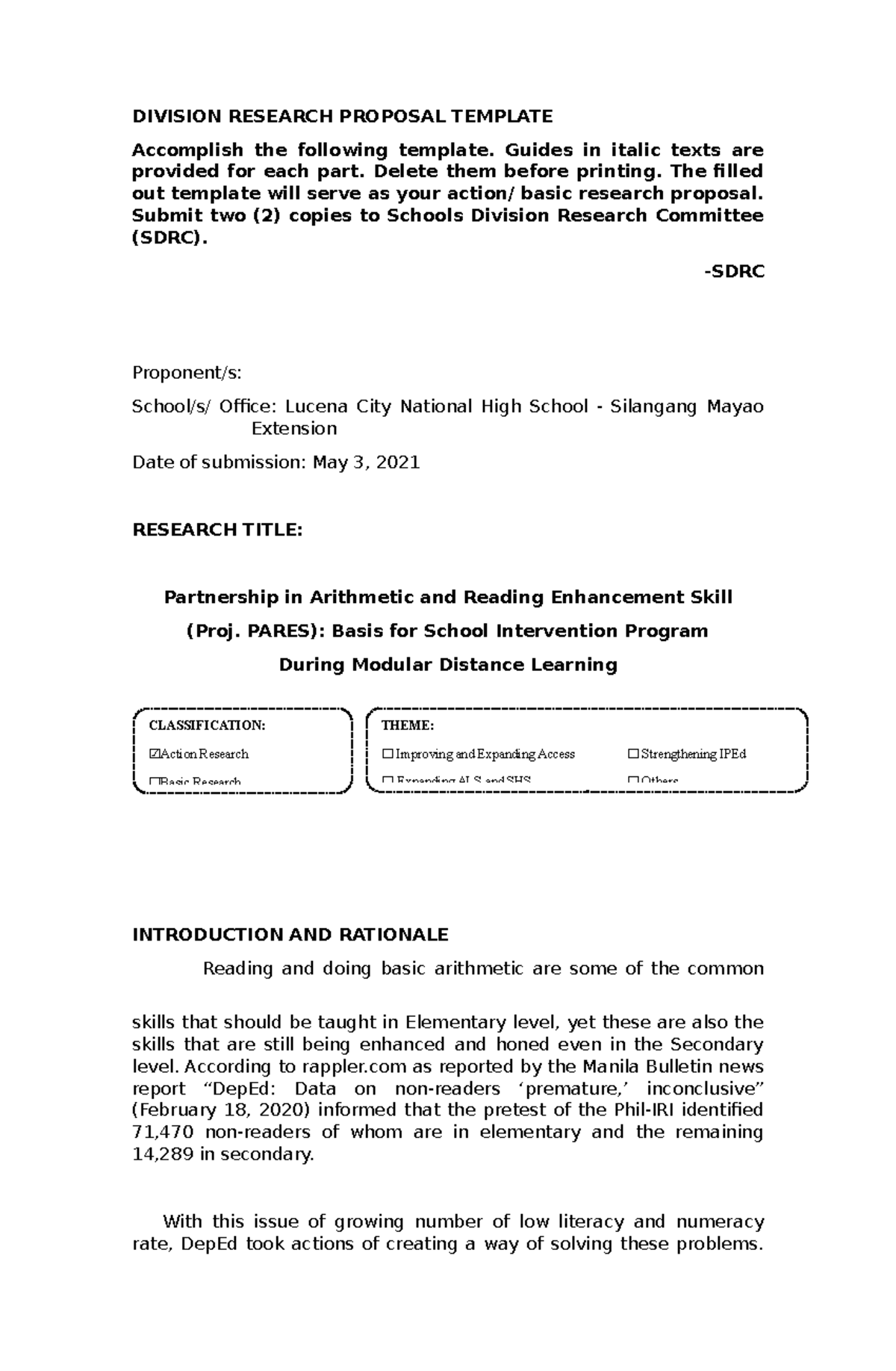 Proj. PARES: Action Research Proposal for Literacy & Numeracy Skills ...