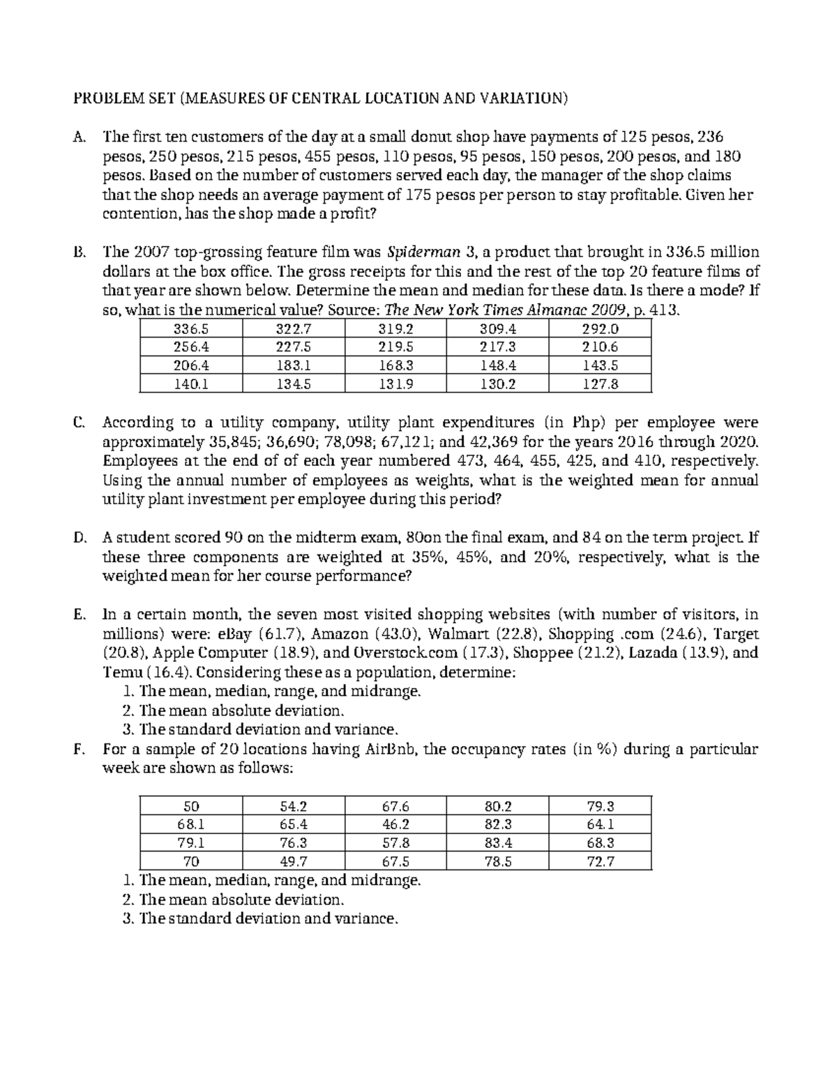 STATISTICAL ANALYSIS (MEASURES OF CENTRAL LOCATION) - Studocu