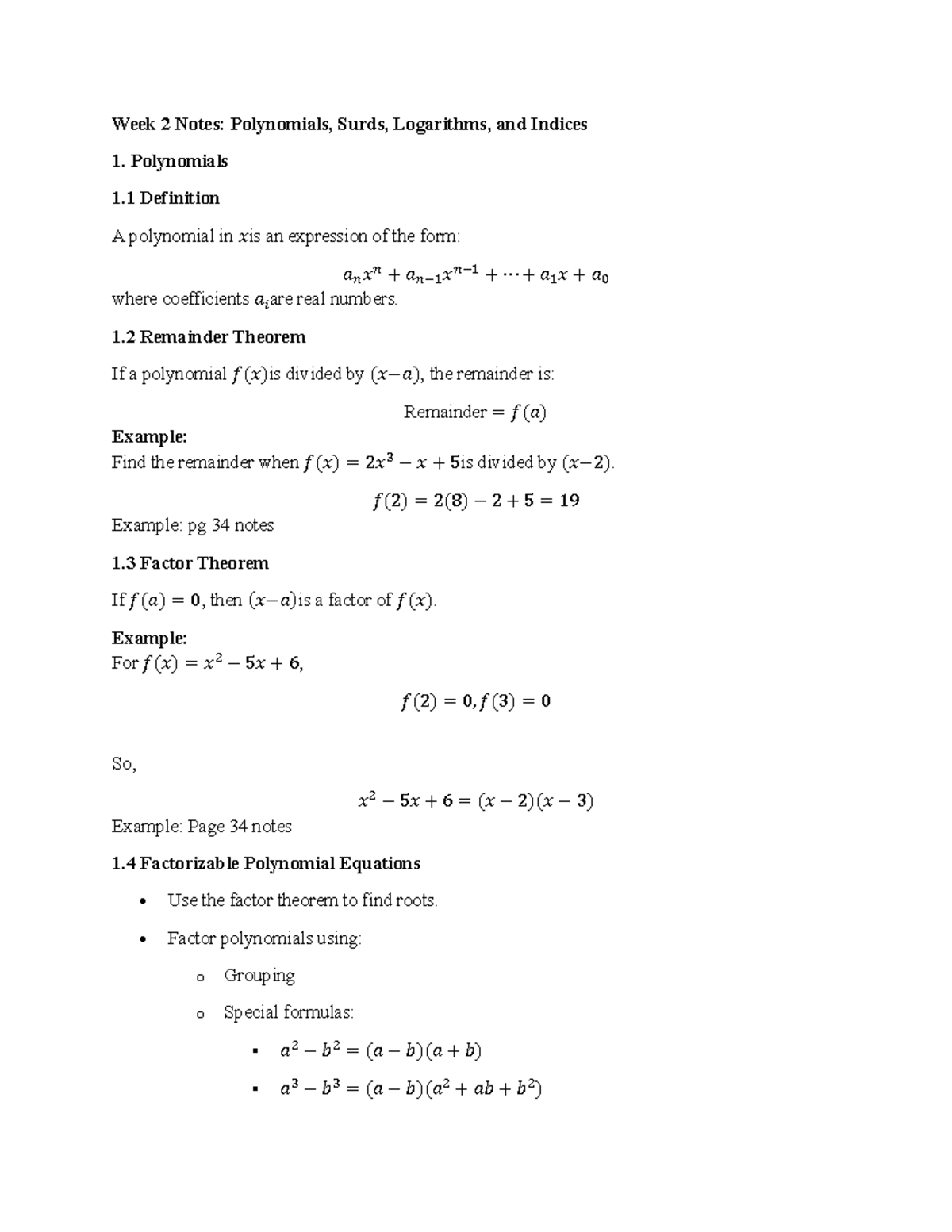 Lecture 2 Notes: Polynomials, Surds, Logarithms & Indices - Studocu