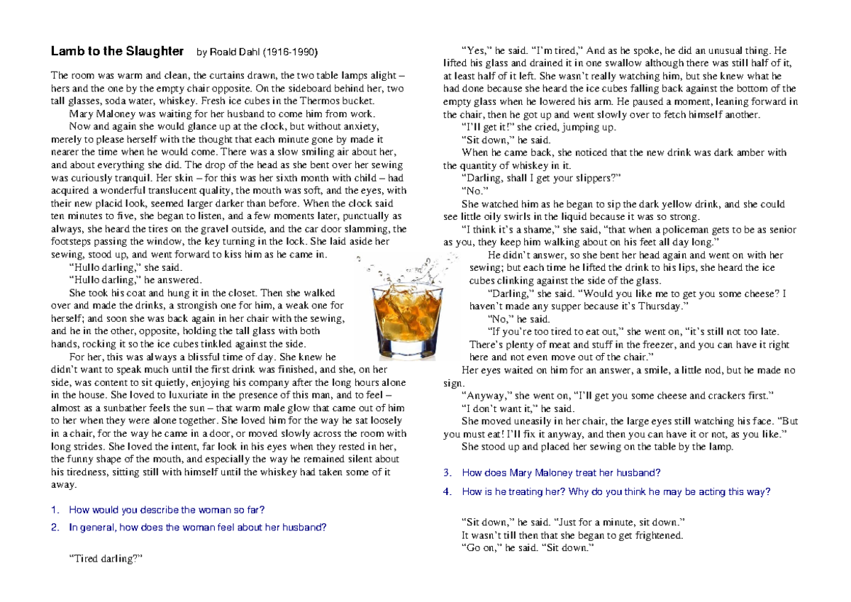 LIT 101: Lamb to the Slaughter Analysis and Discussion Questions - Studocu