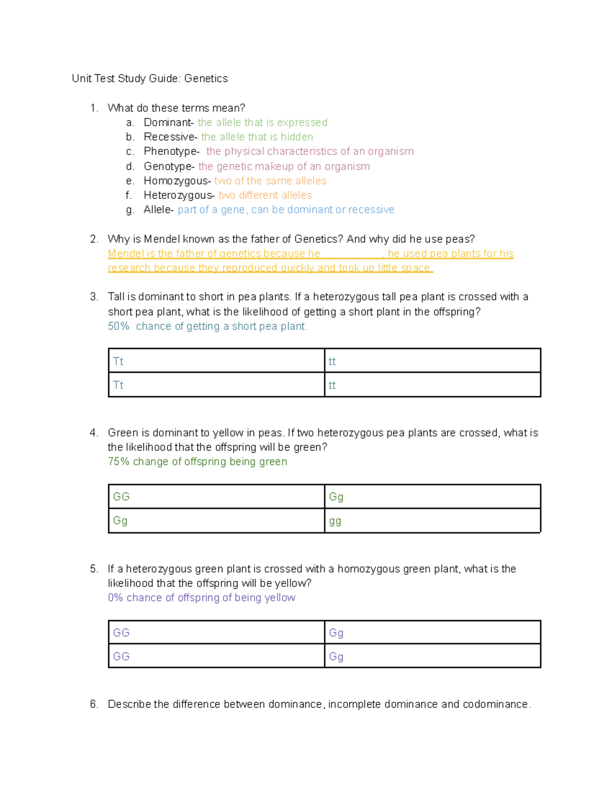 Genetics Study Guide 2023 - Unit Test Study Guide: Genetics What do ...