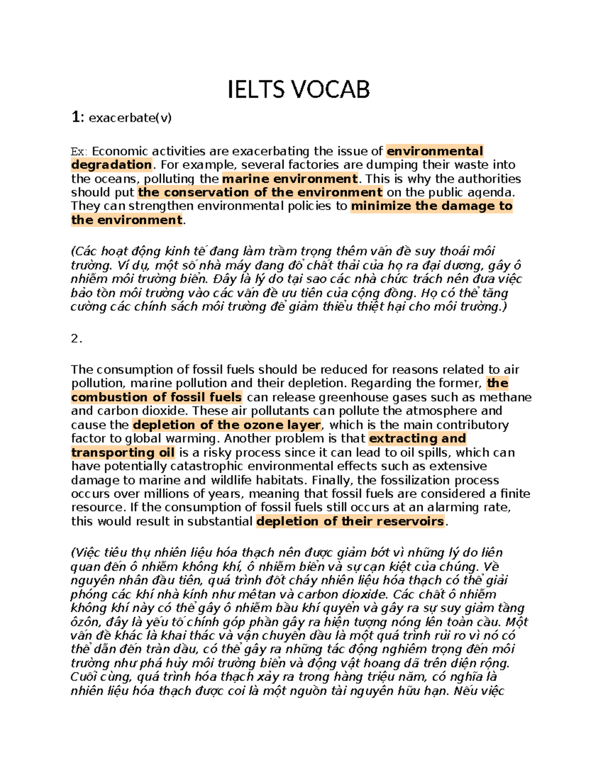 IELTS Vocabulary: Environmental Issues and Fossil Fuel Impact - Studocu