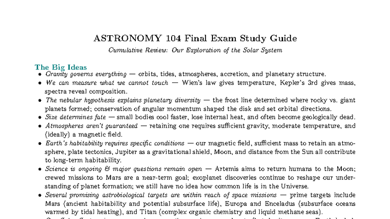 ASTR 104 Final Exam Study Guide: Key Concepts in Solar System ...