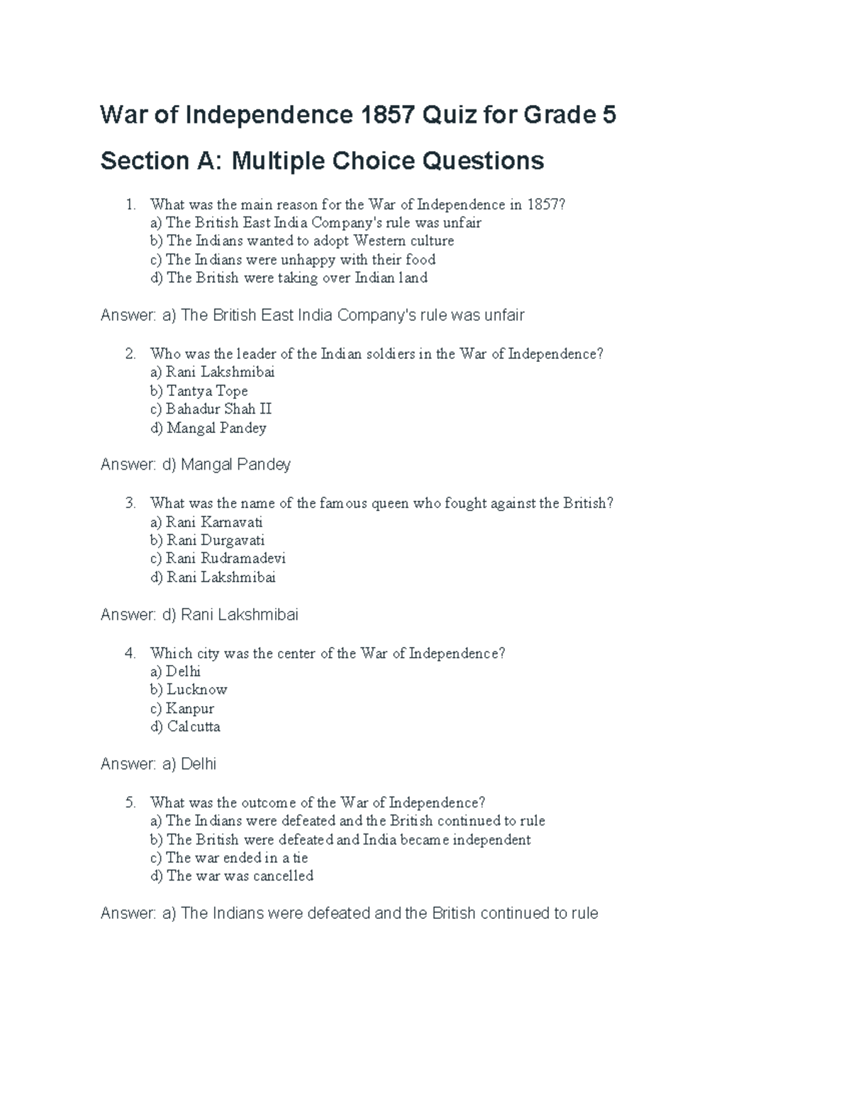 Grade 5 War of Independence 1857 Quiz: MCQs and Answers - Studocu
