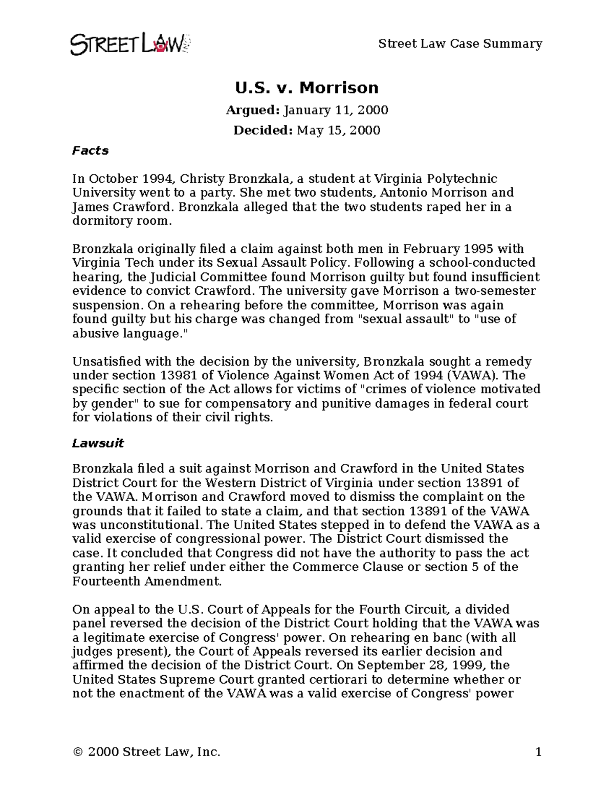 U.S. v. Morrison Case Summary: Street Law Analysis - Studocu