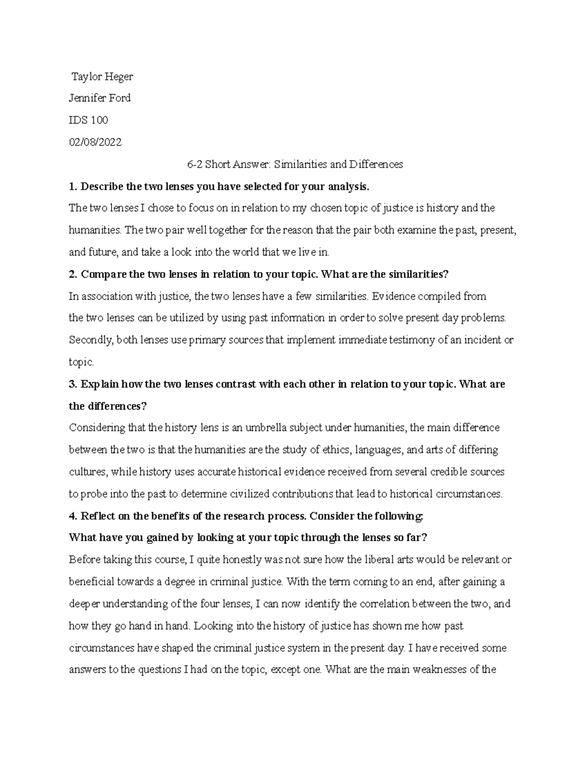 IDS 100 6-2 Short Answer: Analyzing Lenses in Justice Research - Studocu