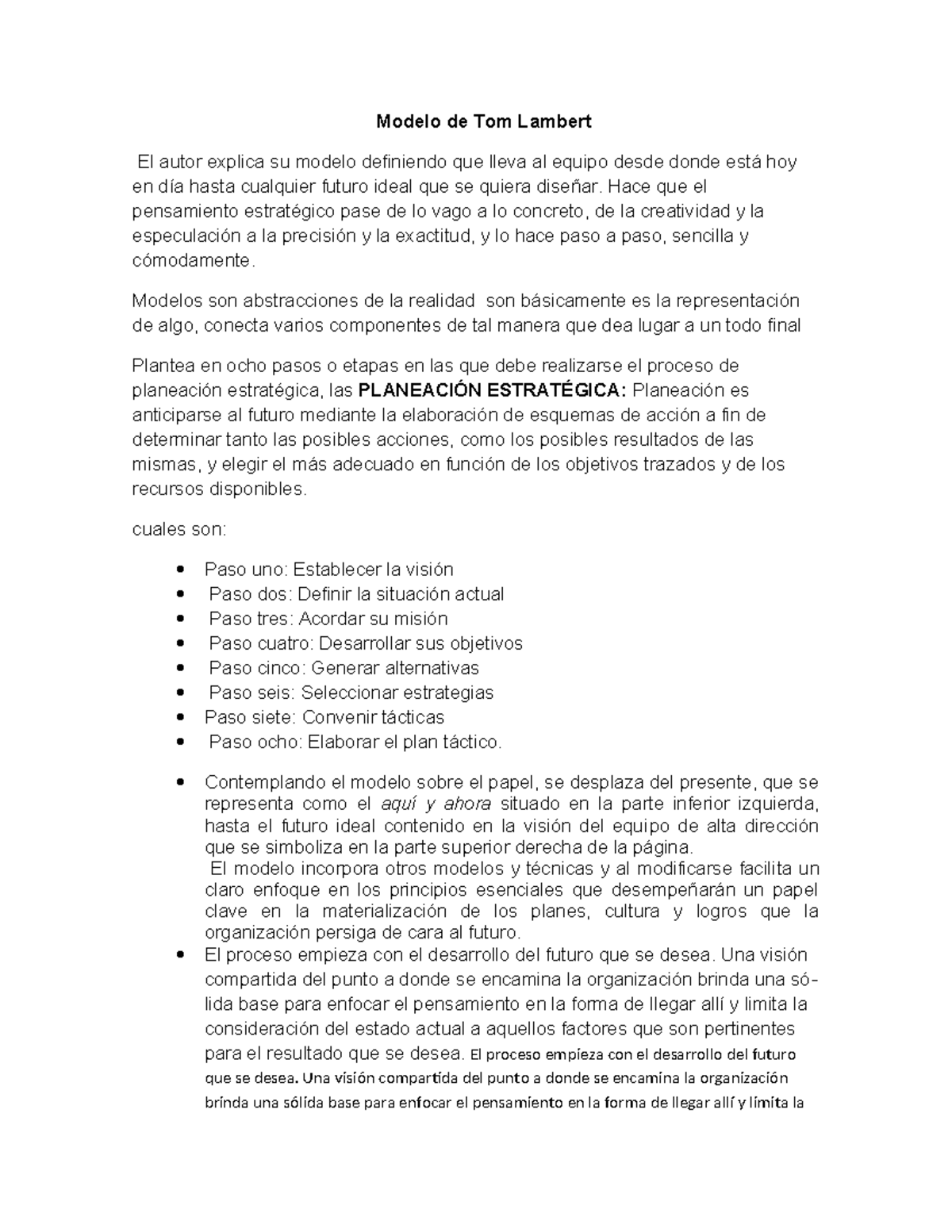 Modelo de Planeación Estratégica de Tom Lambert: Ocho Pasos Clave - Studocu