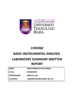 CHM260 Experiment 5 - CHM 260 LABORATORY REPORT Experiment Number: 5 ...