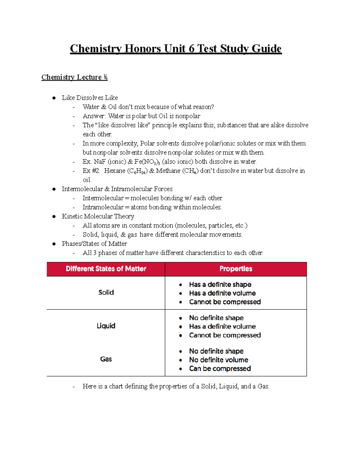 Chemistry Honors Unit 6 Test Study Guide: Gas Laws & Phase Changes ...