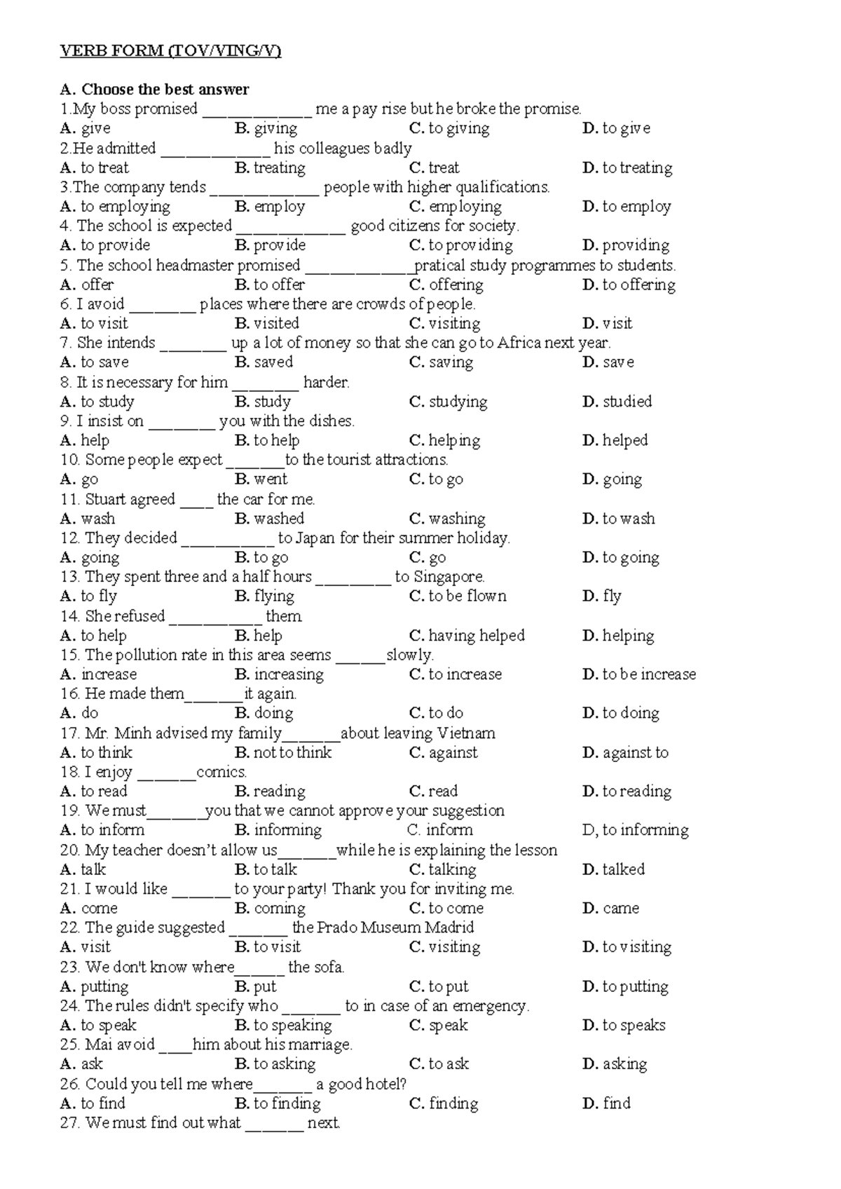 VERB FORM A: Exercises on To Infinitives/Gerunds - Studocu