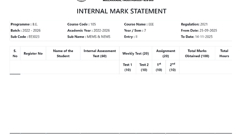 EE3023 MEMS NEMS Internal Assessment Marks Statement - Studocu