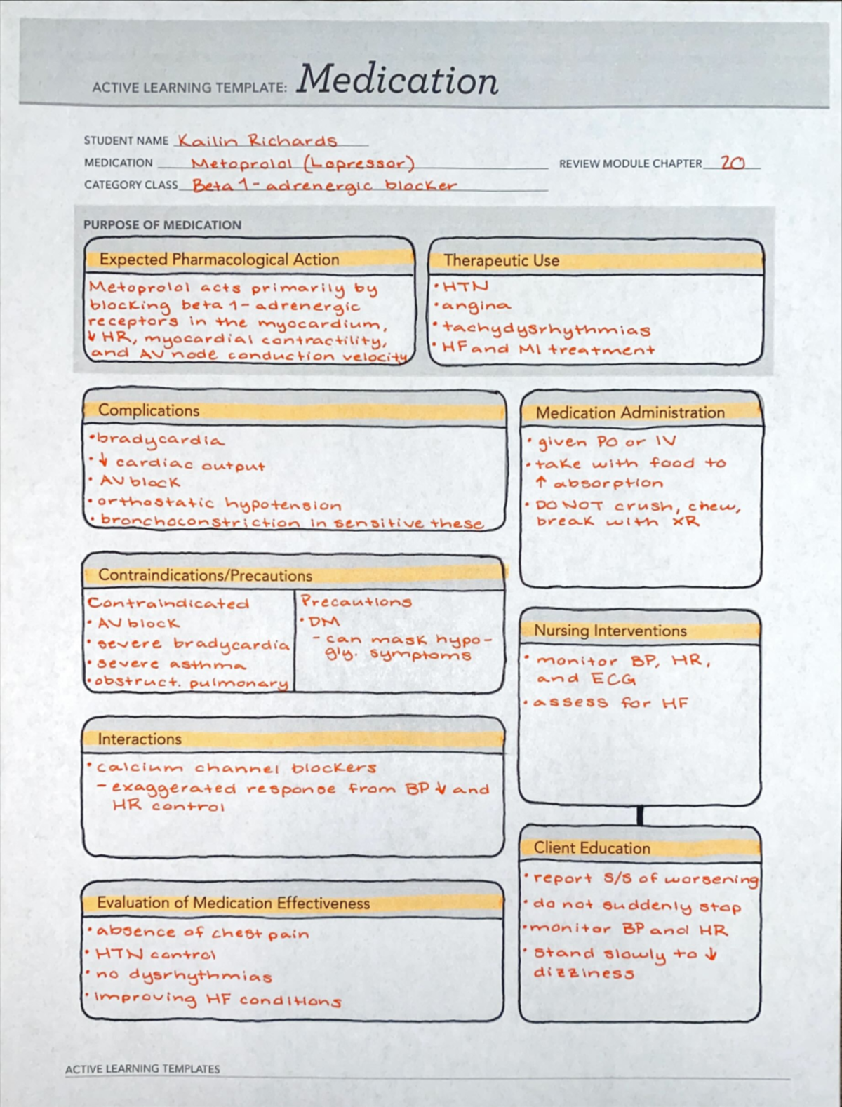 ATI Med Active Learning Template: Metoprolol (Lopressor) Guide - Studocu