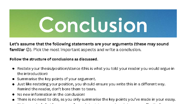 Conclusion Worksheet: Structuring Your Final Arguments - Studocu