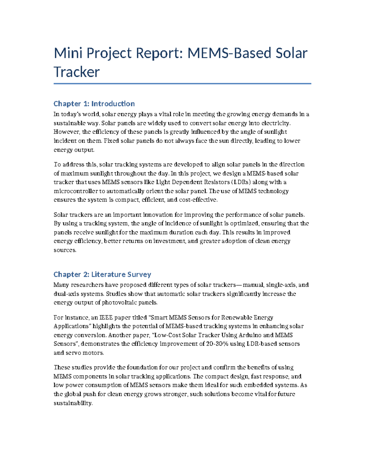 MEMS Solar Tracker Mini Project Report: Introduction & Literature ...