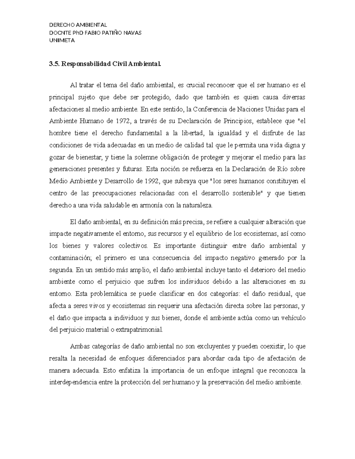 DERECHO AMBIENTAL DOCNTE PhD FABIO PATIÑO NAVAS UNIMETA 3.5 ...