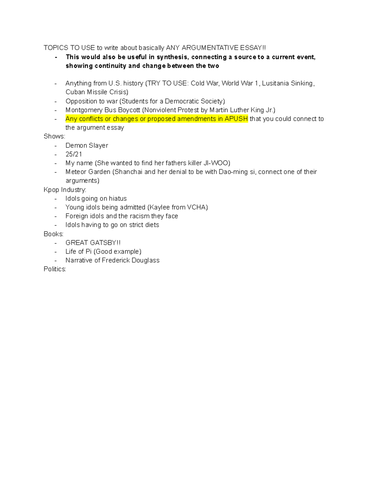 Topics for Any Argumentative Essay - AP LANG Guide - Studocu