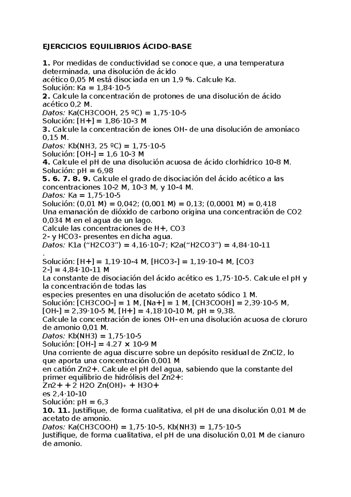 Ejercicios de Equilibrio Ácido-Base: Ejercicios y Soluciones - Studocu
