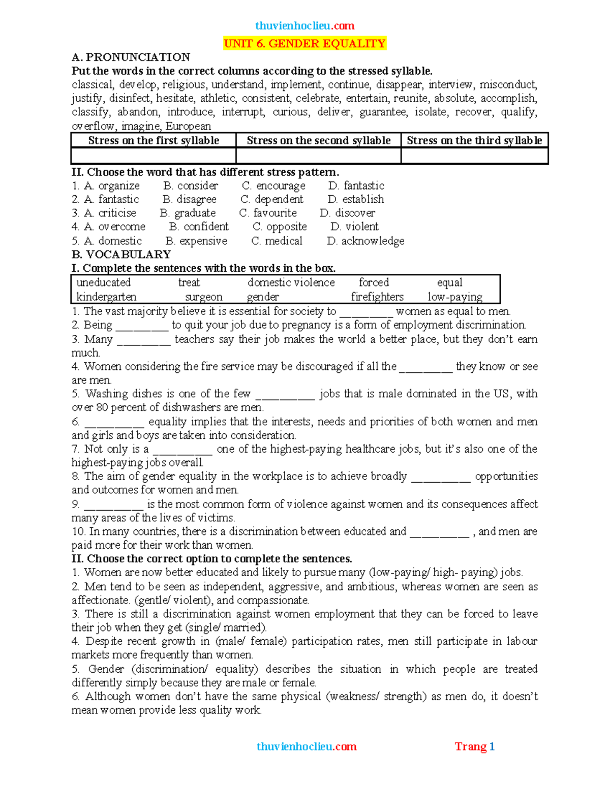 Thuvienhoclieu.com UNIT 6: Gender Equality - Pronunciation & Vocabulary ...