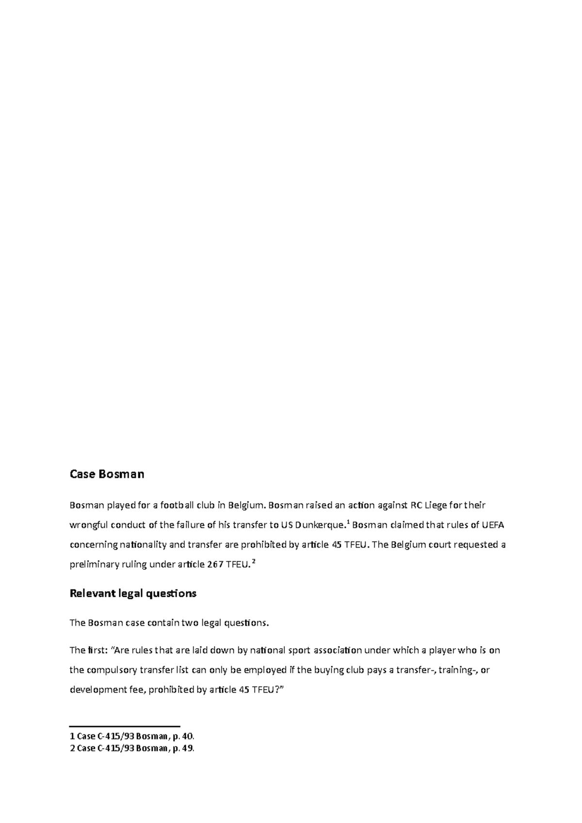 Casenote on Bosman Case - Analysis of Implications | European Law ...