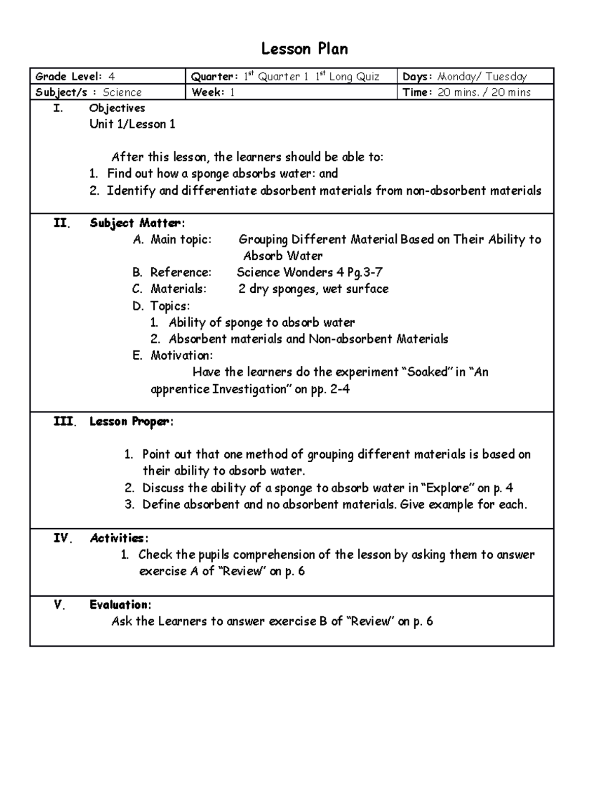 1st Quarter Long Quiz: Lesson Plan on Absorbent Materials - Studocu