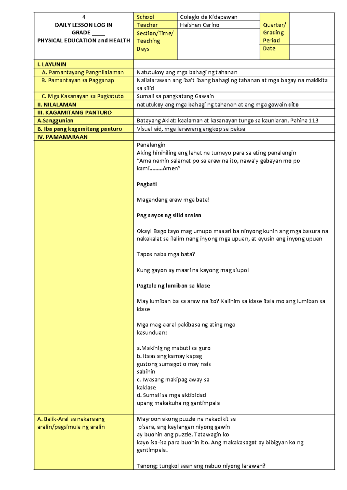 BAHAGI NG TAHANAN: DAILY LESSON LOG FOR PE & HEALTH GRADE ____ - Studocu