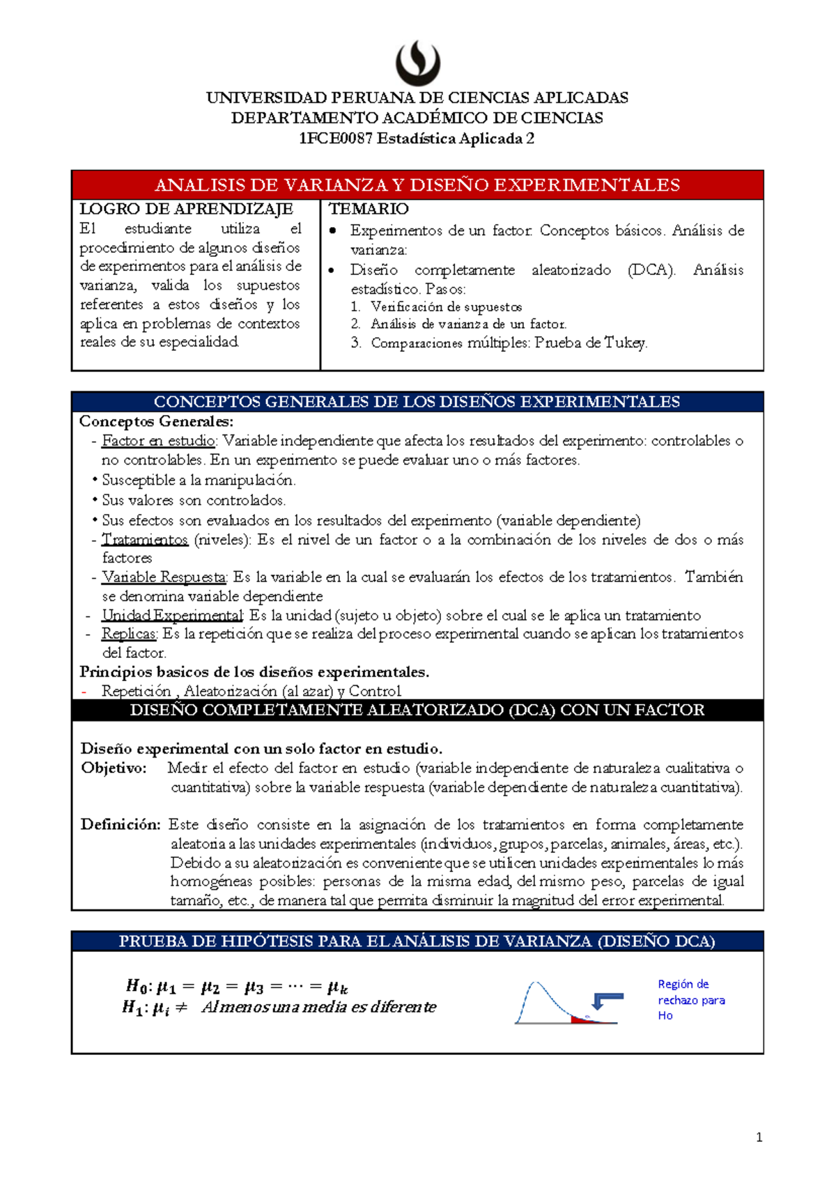 Análisis de Varianza (ANOVA) 1FCE0087: Diseño Experimental y Aplicaciones - Studocu
