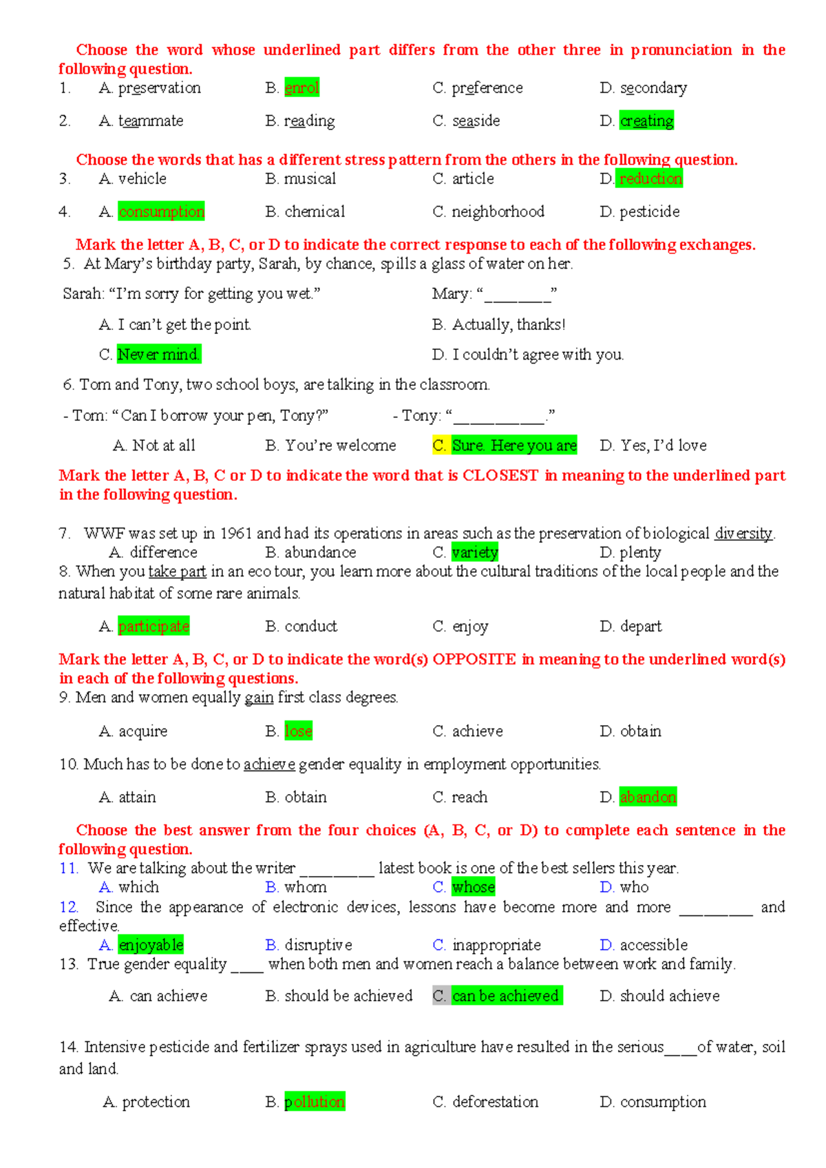 TEST 2,3-10: Practice Questions for English Language Skills - Studocu