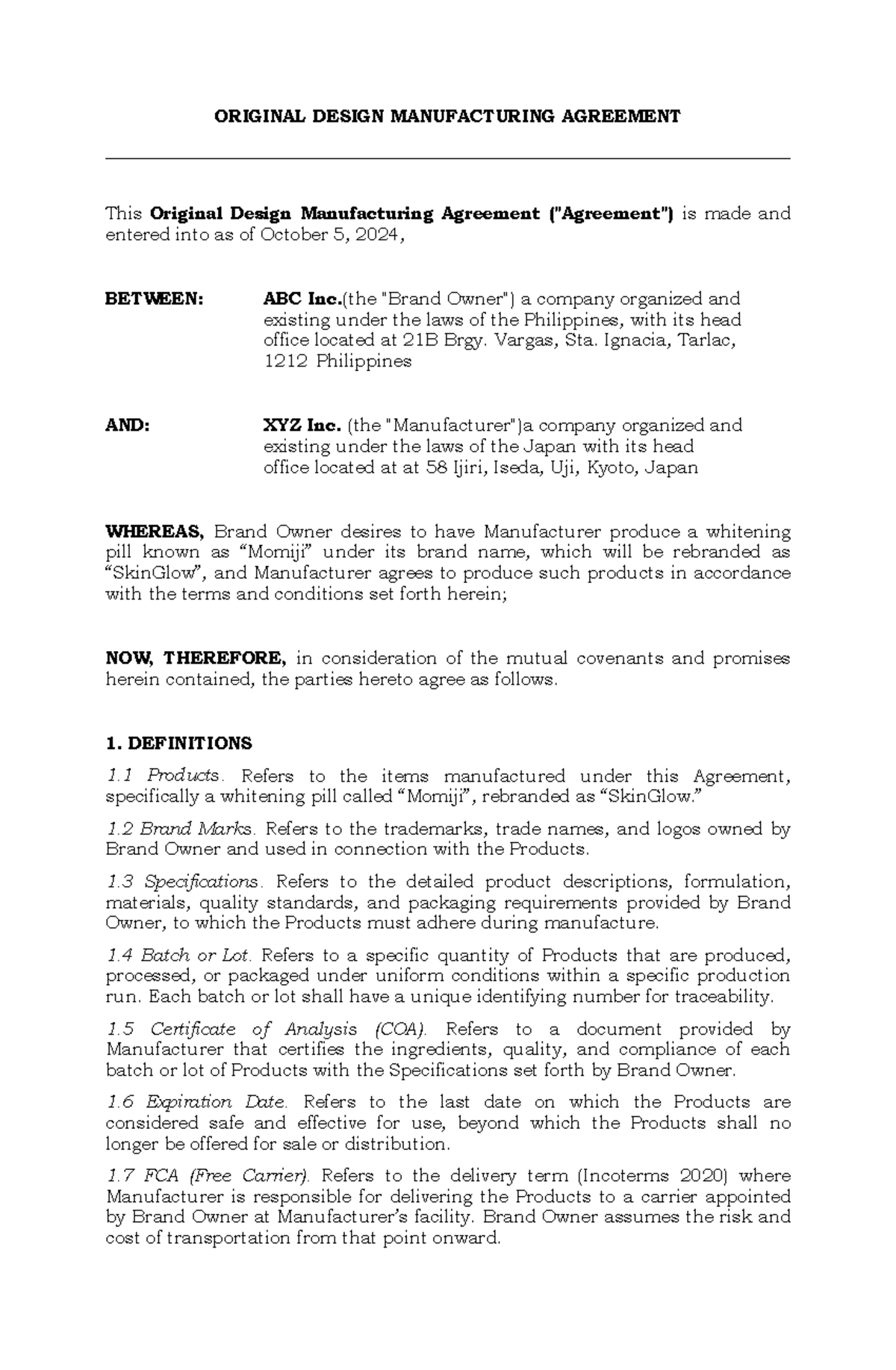 Original Design Manufacturing Agreement - (the "Brand Owner") a company ...