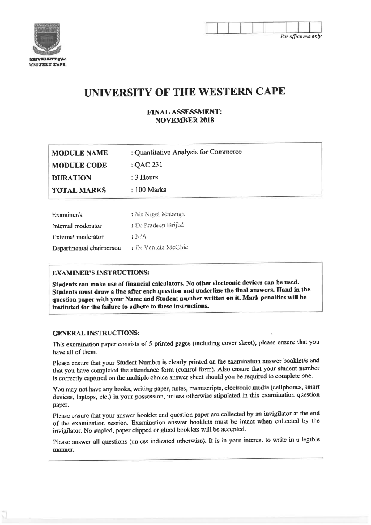 QAC 231 Final Exam: Quantitative Analysis for Commerce - Nov 2018 - Studocu