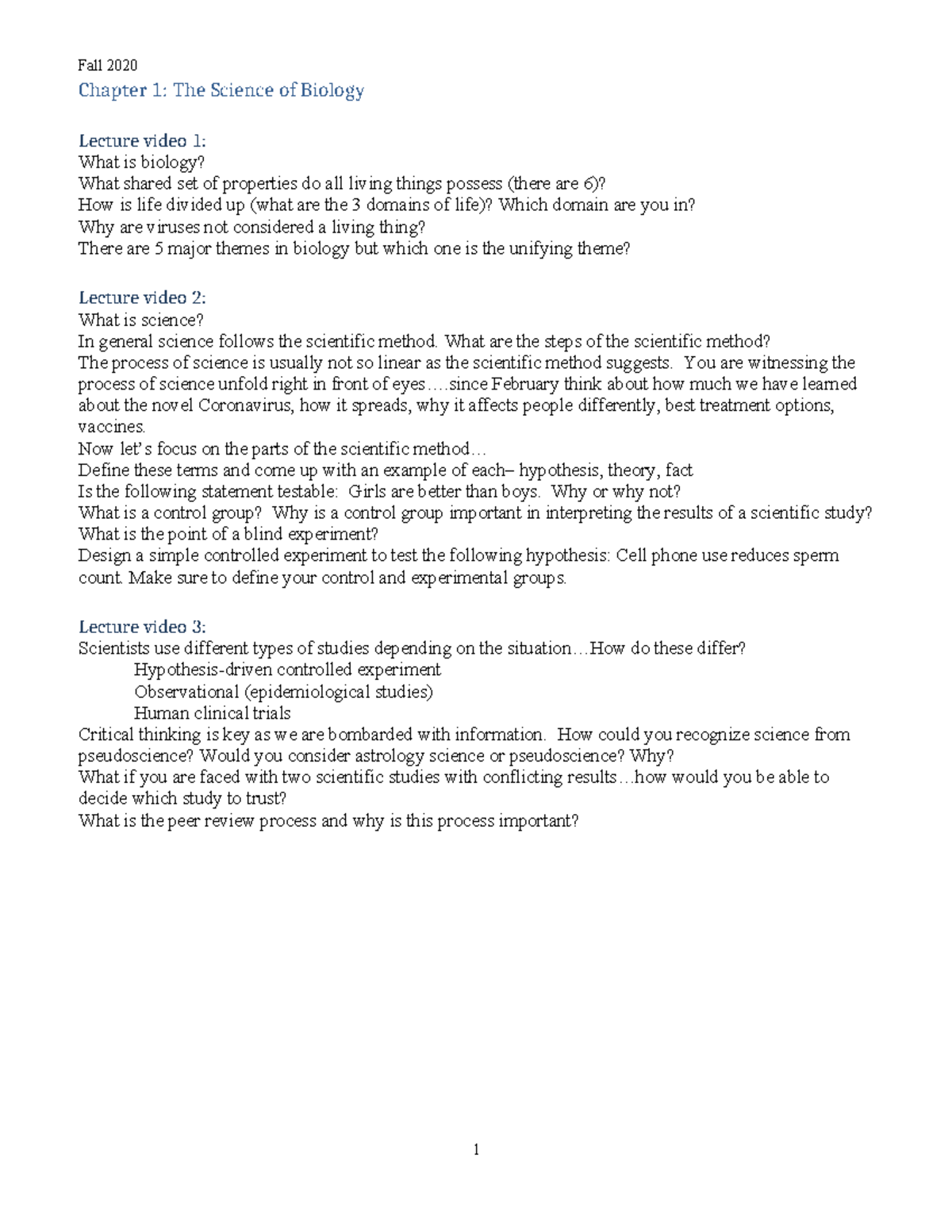 BIO 105 Fall 2020 Ch 1: The Science of Biology Study Guide - Studocu