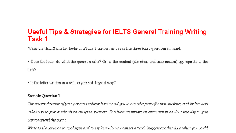Useful Tips for IELTS General Training Writing Task 1 - Studocu
