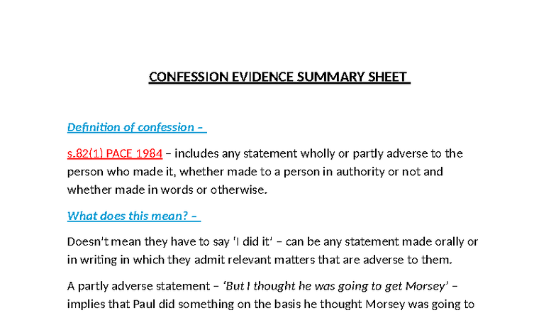Confession Evidence Summary Sheet: Key Points on PACE 1984 - Studocu
