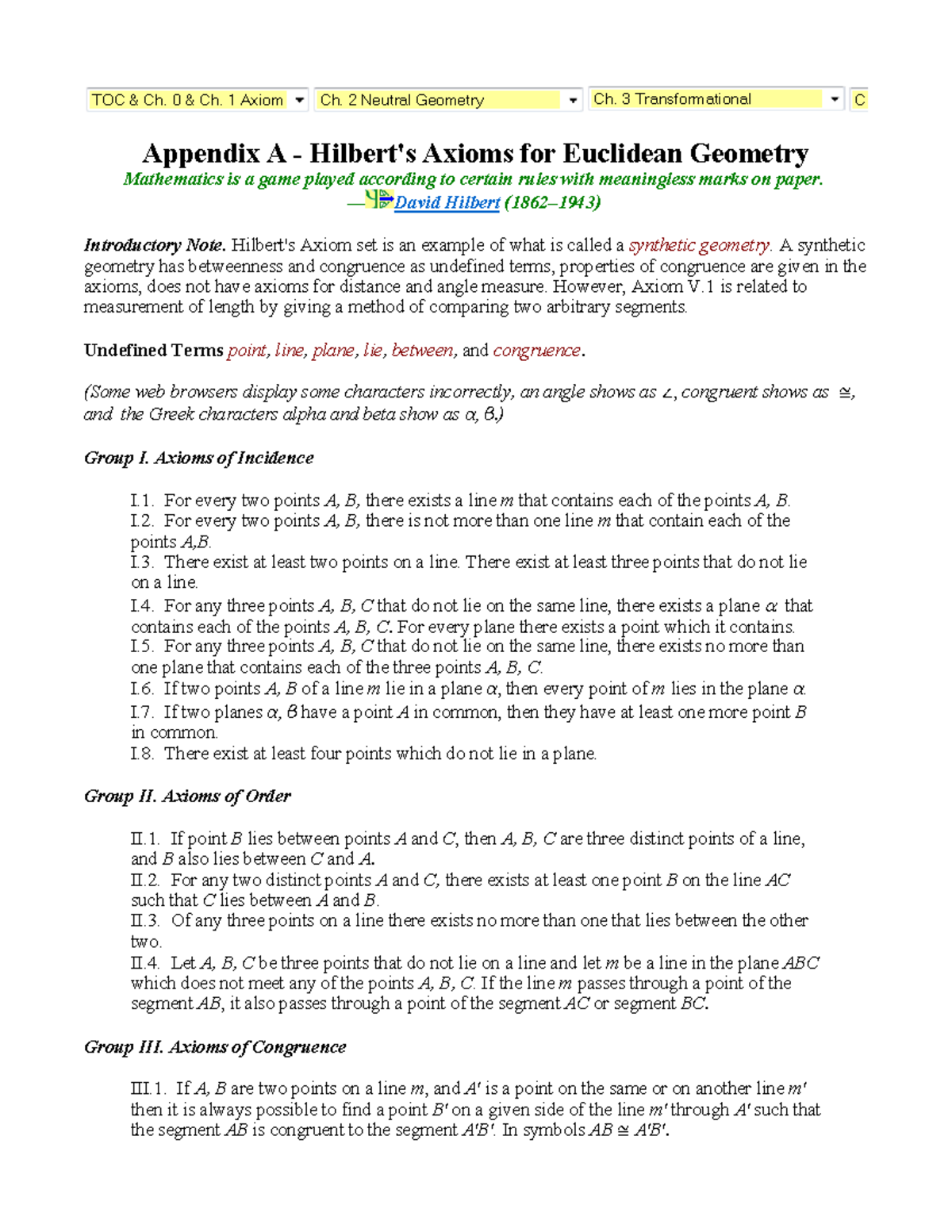 Hilbert's Axioms in Euclidean Geometry: Key Concepts & Groups - Studocu