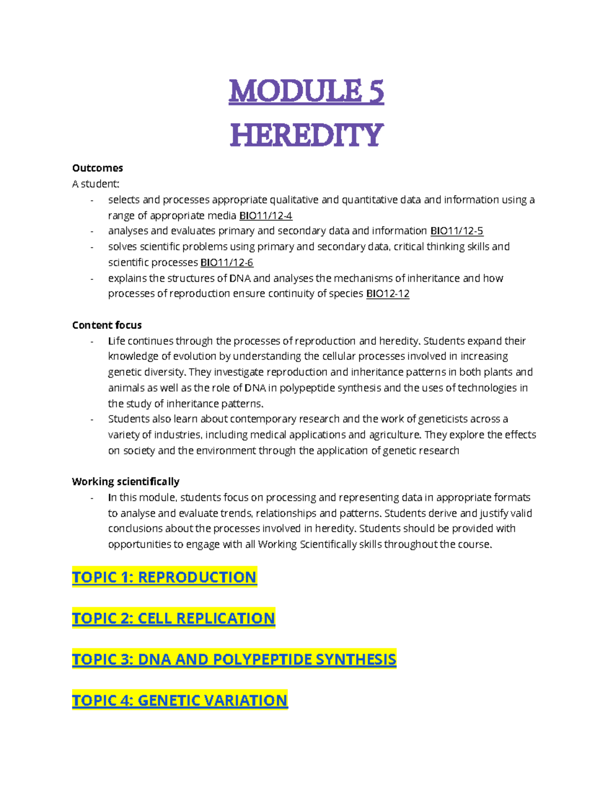 HSC Biology Module 5: Heredity and Reproduction Notes - Studocu