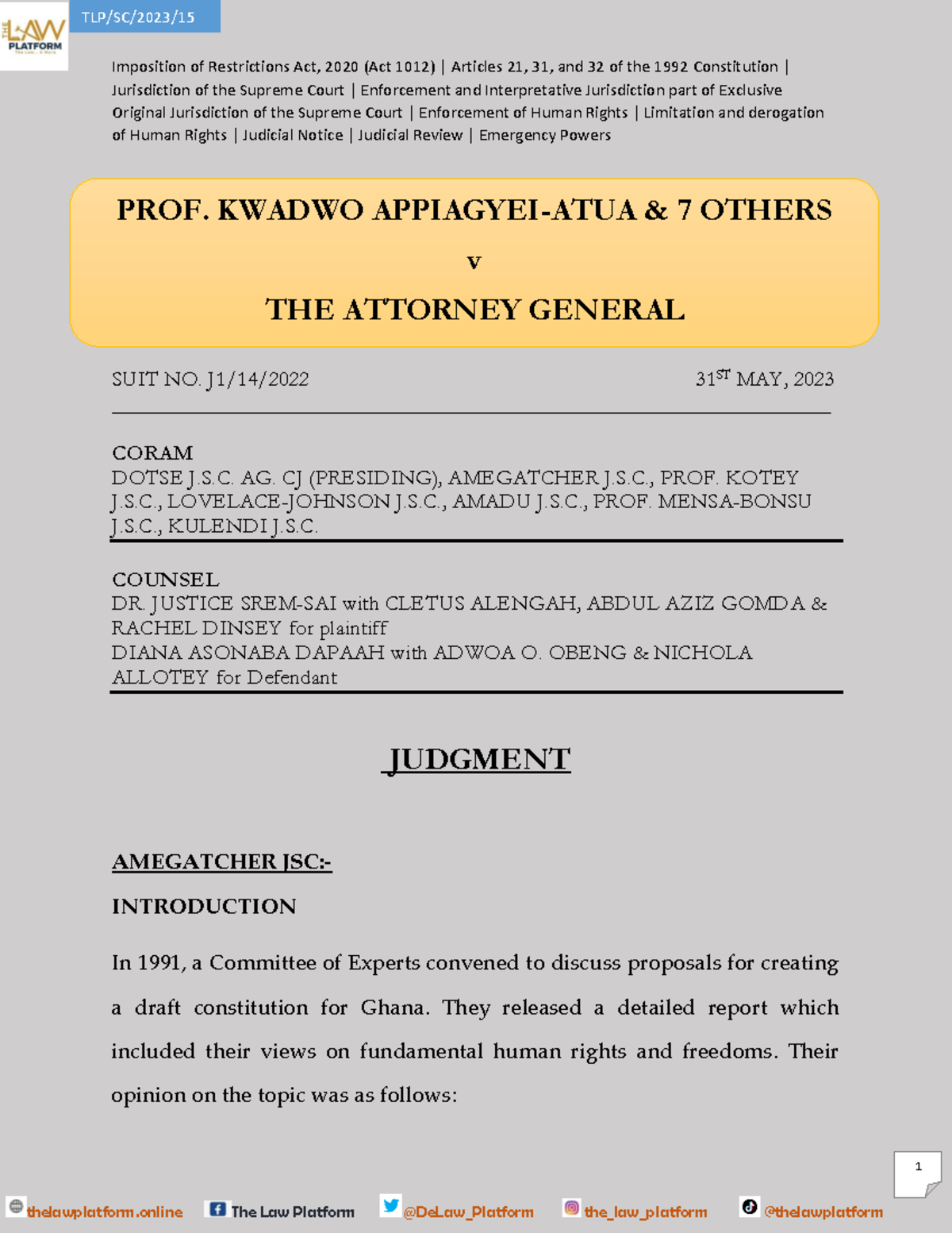 Plaintiffs' Challenge Against Imposition of Restrictions Act 2020 – TLP ...