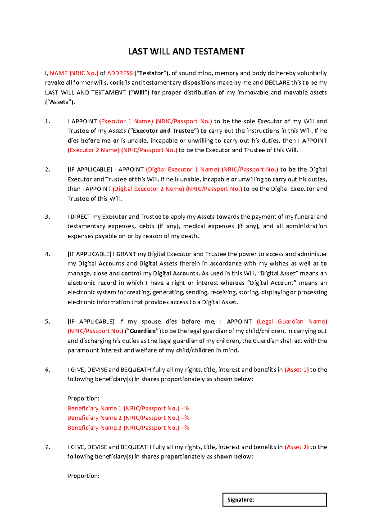 LAST WILL AND TESTAMENT SAMPLE (NRIC No.) - Legal Document Guide - Studocu