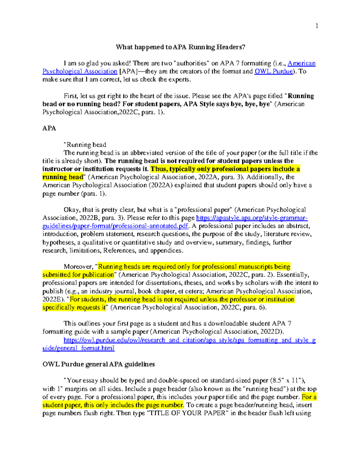 APA 7 Formatting: Understanding Running Headers for Student Papers ...