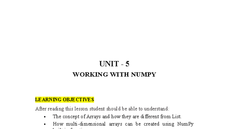 UNIT 5 - Working with NumPy: Key Concepts and Functions - Studocu