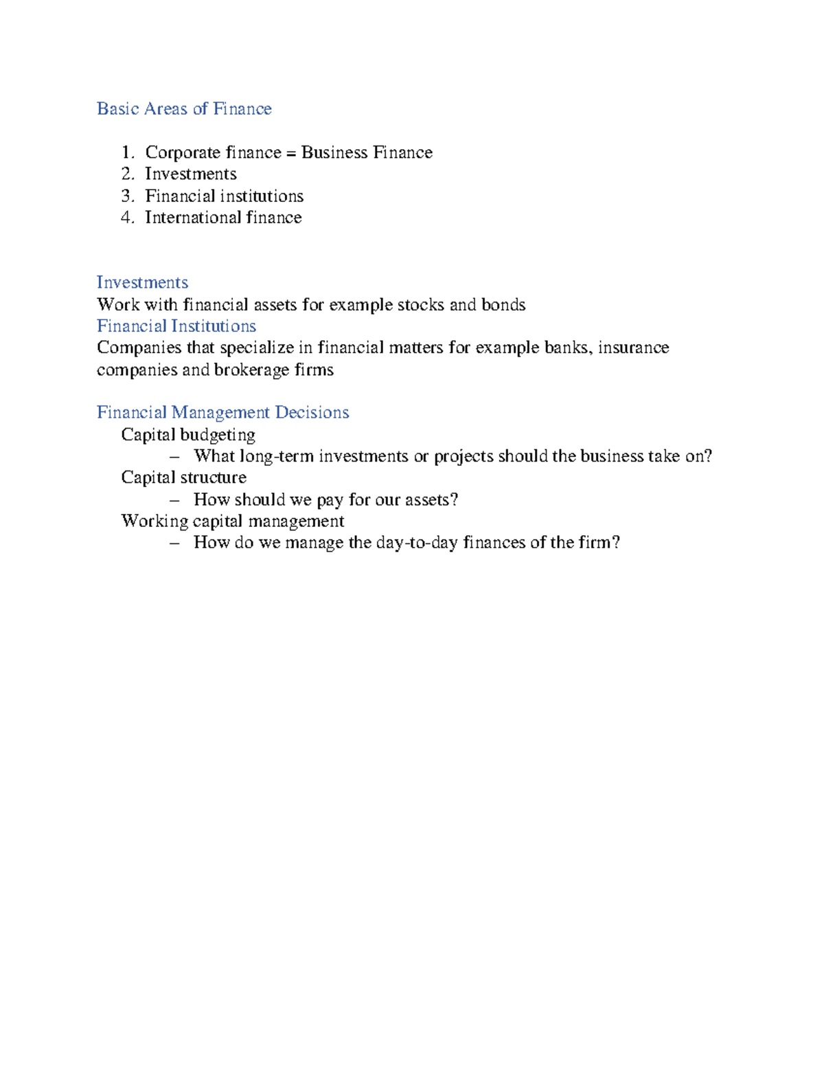 Ch 1 - note about ch 1 - Basic Areas of Finance 1. Corporate finance ...